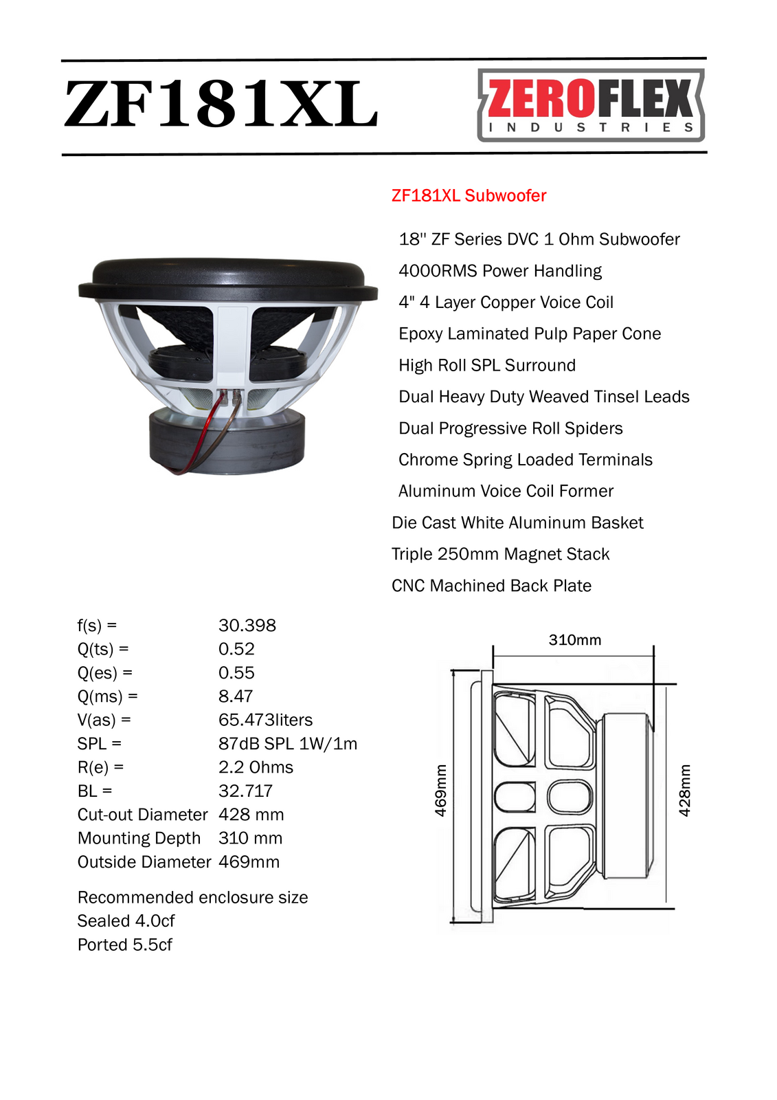 ZEROFLEX ZF181XL 18" Sub DVC 1ohm 4" 4 layer VC 4000rms